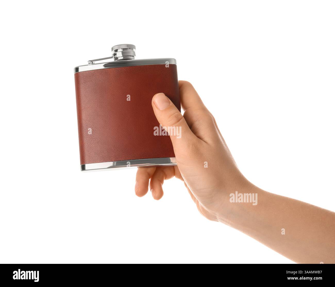 Woman holding new hip flask on white background Stock Photo - Alamy