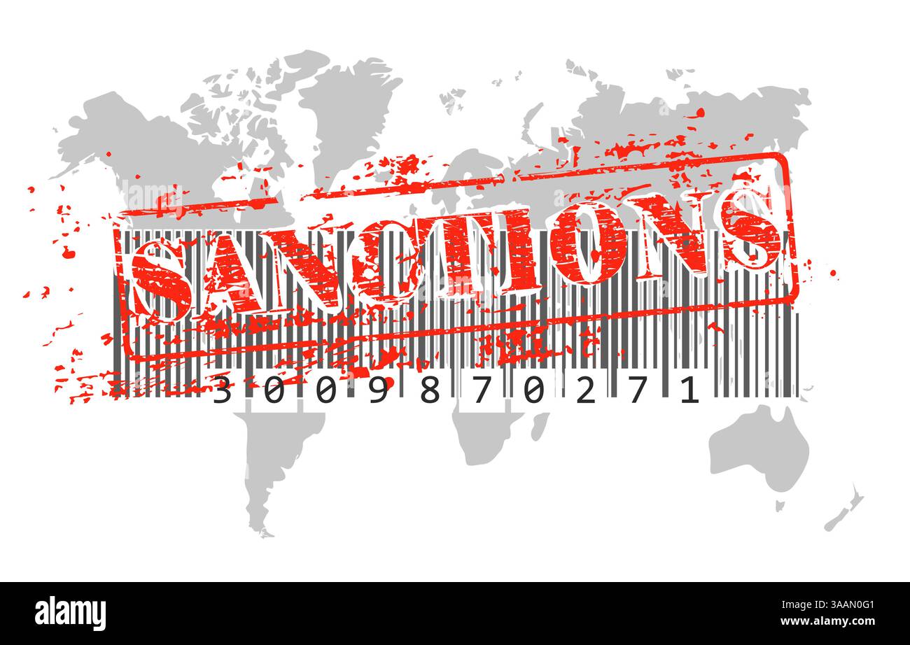 Sanctions seal on the background of the world map with barcode as a ...
