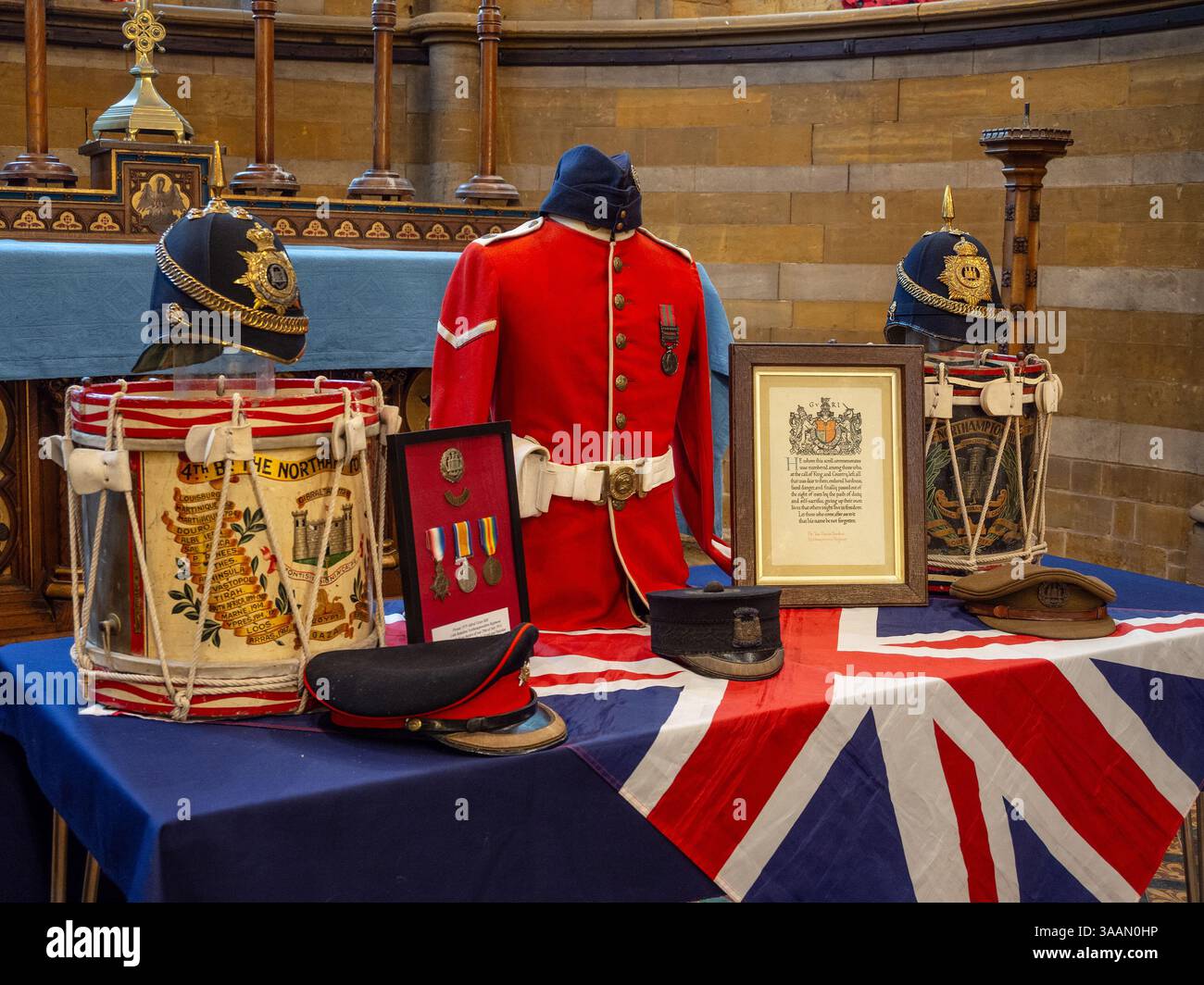 Display of WW1 uniform, helmets, drums etc inside the church of St ...
