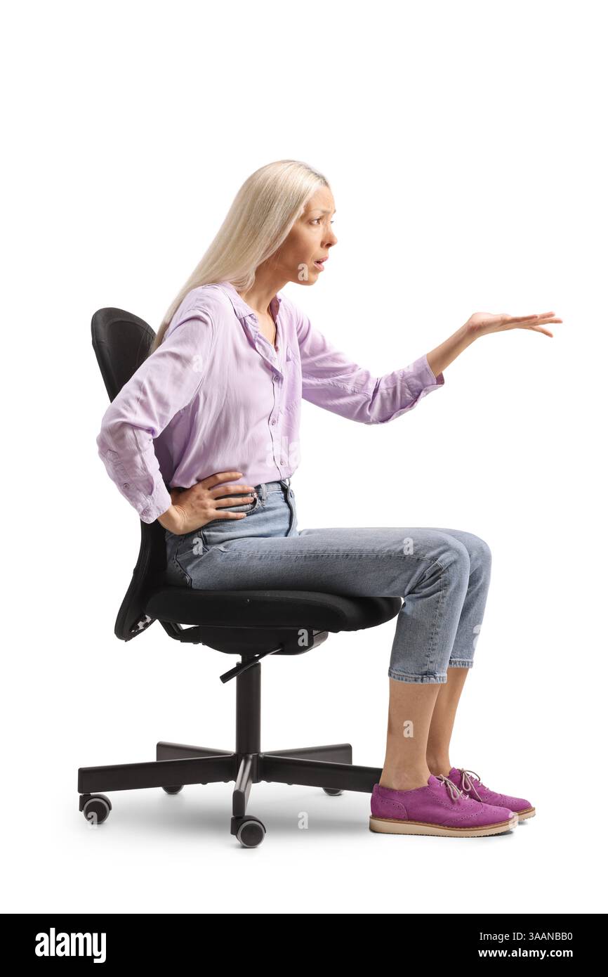 Angry woman sitting in an office chair and gesturing with hand isolated ...