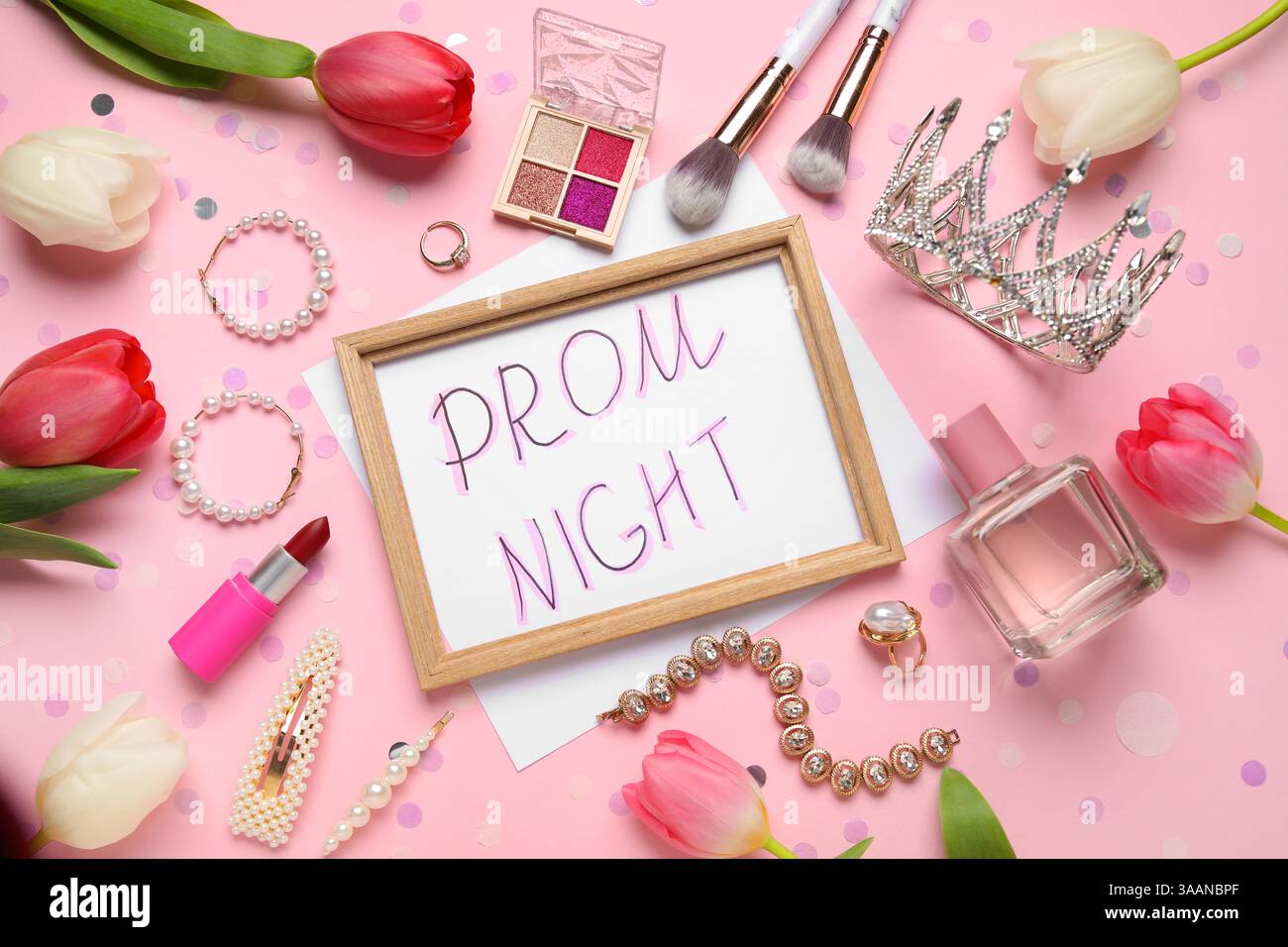 Paper with text PROM NIGHT, frame, jewellery, makeup products, perfume ...