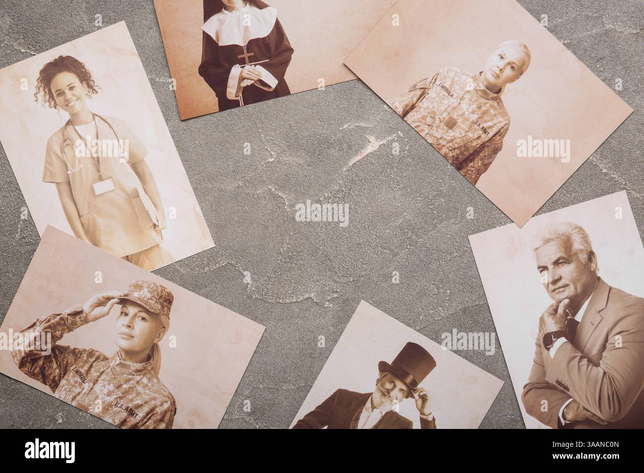 Frame made of old photos of relatives on grunge background. Concept of ...