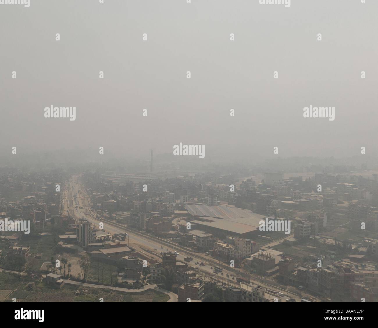 April 1, 2025, Bhaktapur, Bagmati, Nepal: An aerial view of Bhaktapur as haze engulfs the ...