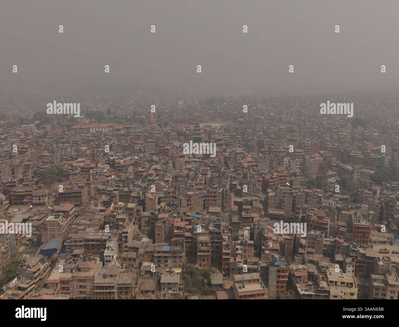 April 1, 2025, Bhaktapur, Bagmati, Nepal: An aerial view of Bhaktapur as haze engulfs the ...