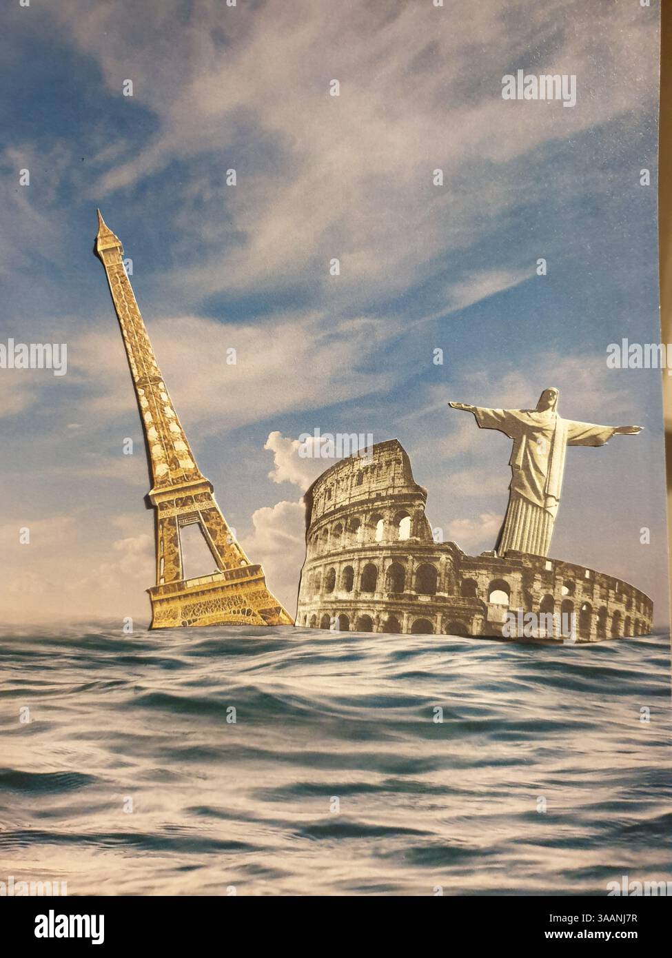 Conceptual collage art of famous landmarks sinking into the ocean Stock ...