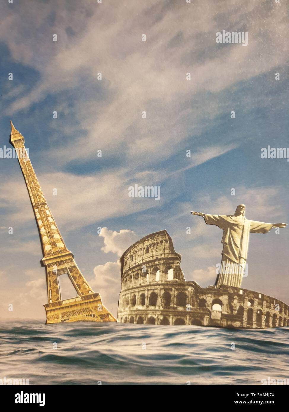 Conceptual collage art of famous landmarks sinking into the ocean Stock ...