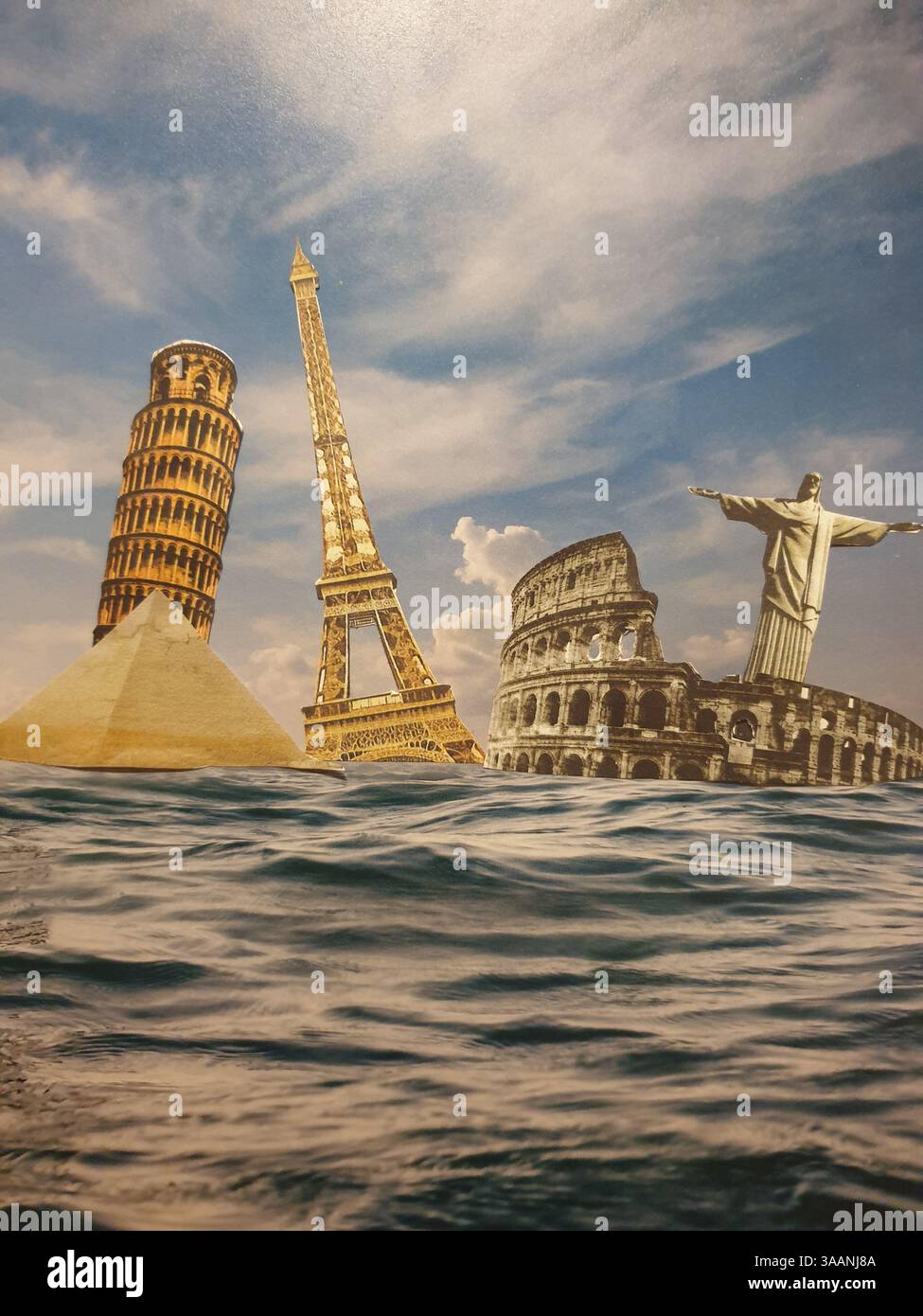 Conceptual collage art of famous landmarks sinking into the ocean Stock ...