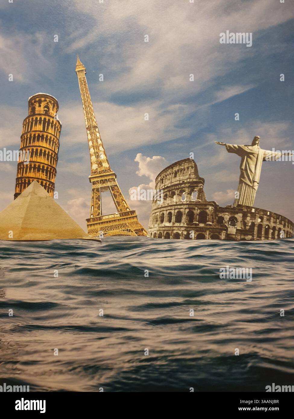 Conceptual collage art of famous landmarks sinking into the ocean Stock ...