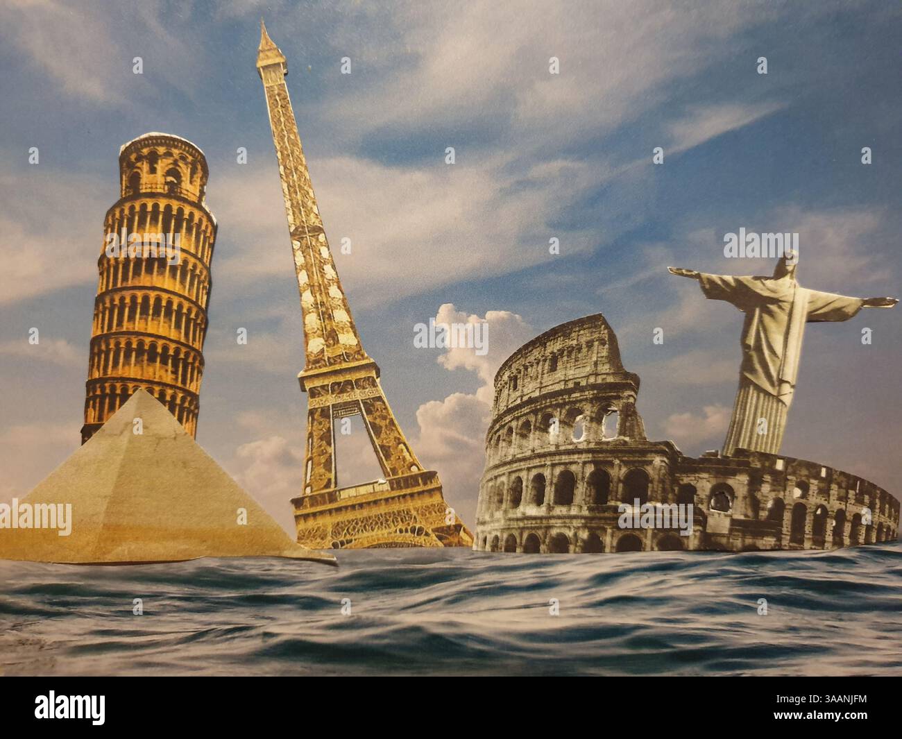 Conceptual collage art of famous landmarks sinking into the ocean Stock ...