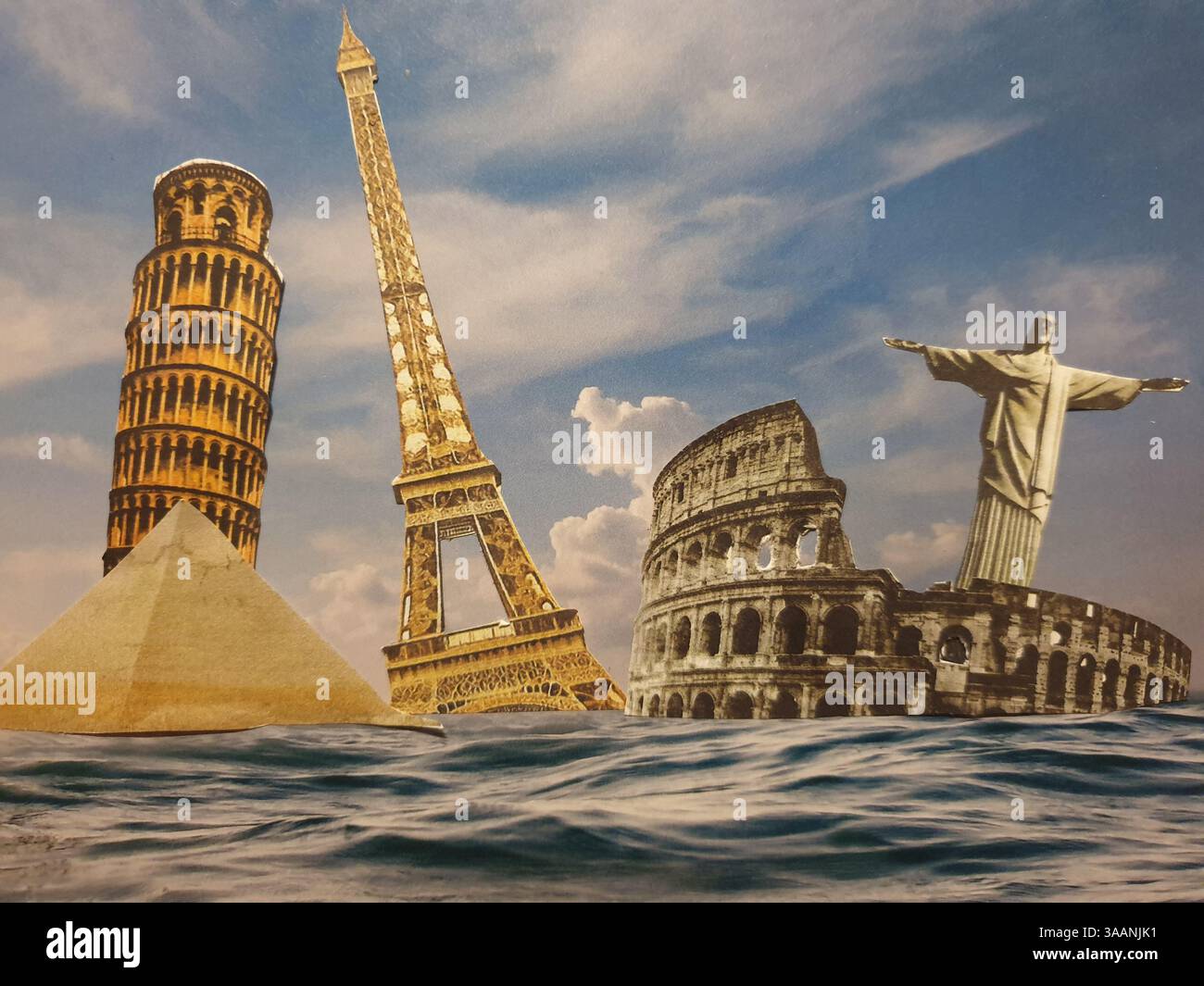 Conceptual collage art of famous landmarks sinking into the ocean Stock ...