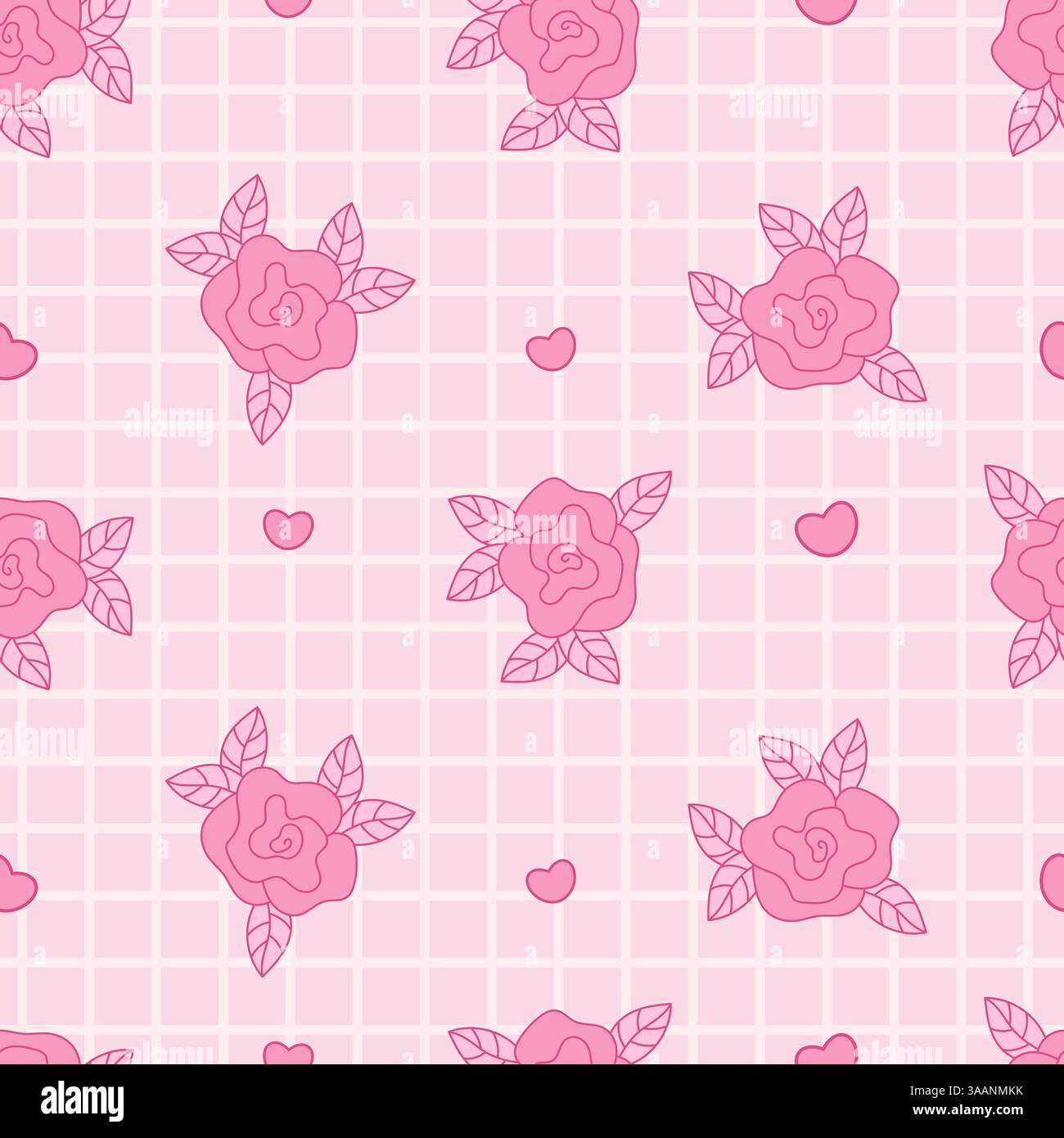 Pink Coquette seamless pattern Pink Rose on checkered background with ...