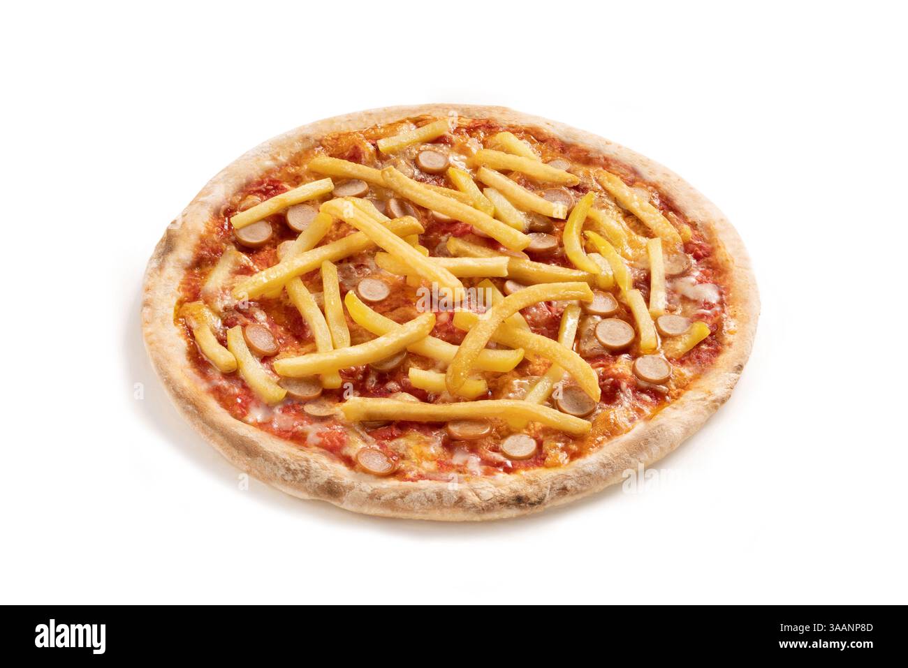 Italian Pizza with french fries and frankfurter sausage, wurstel ...