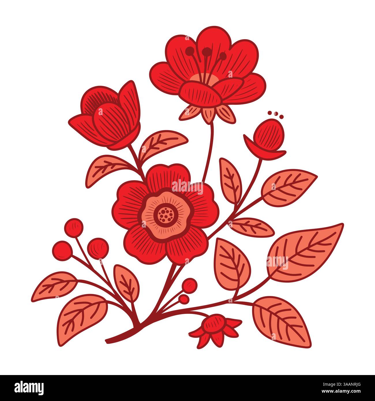 Asia Inspired Hand Drawn Floral Art. Branch with Flowers and Leaves in ...