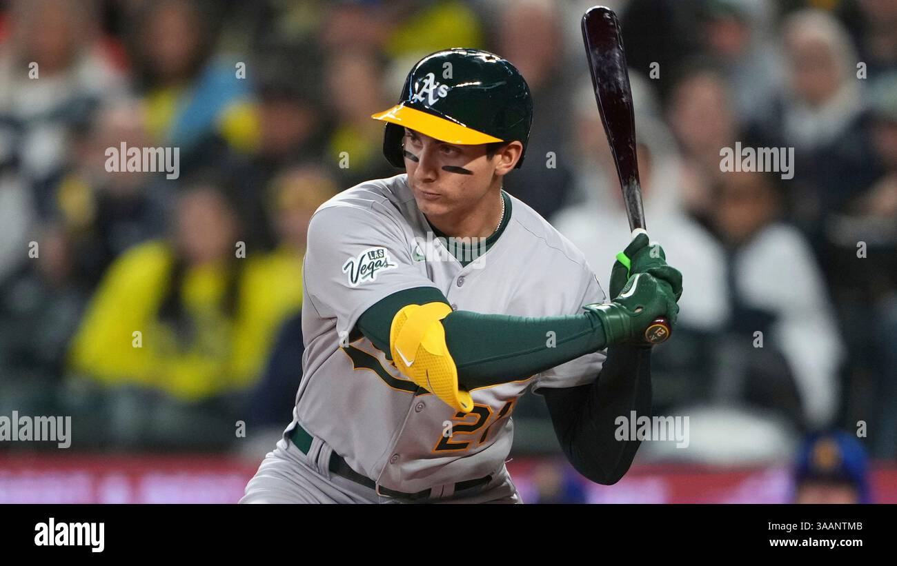 Athletics' Tyler Soderstrom looks on against the Seattle Mariners in a ...