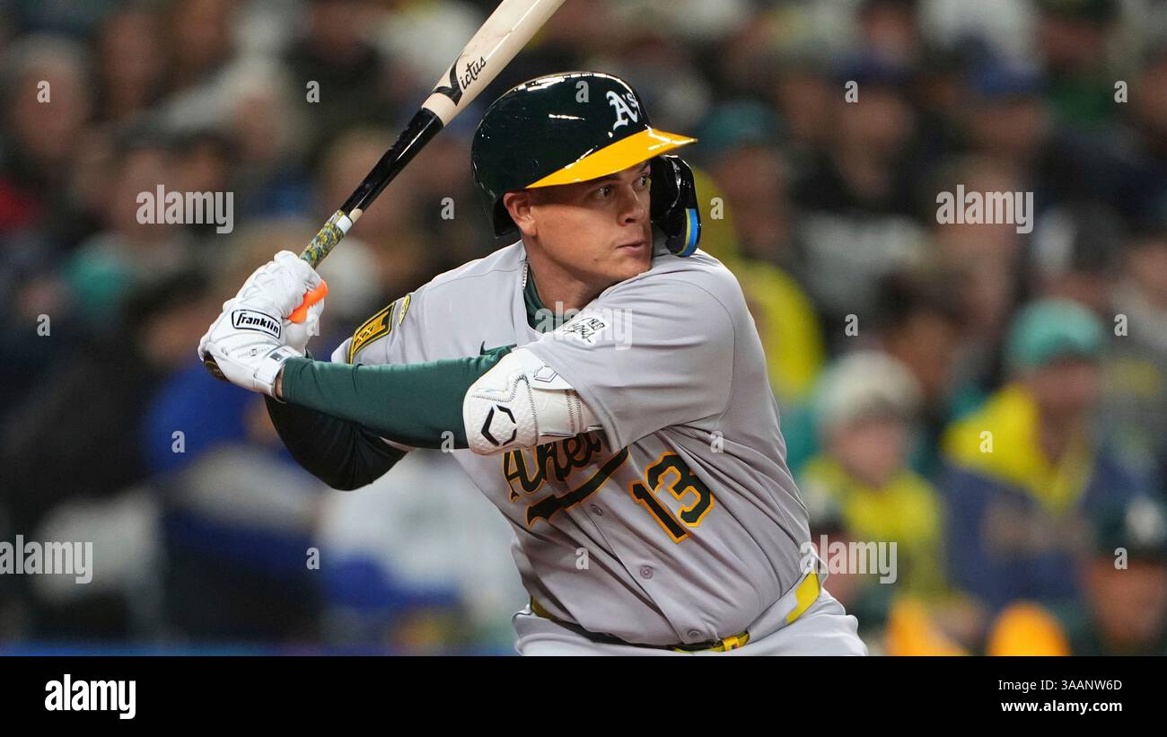 Athletics' Gio Urshela waits for a pitch against the Seattle Mariners ...