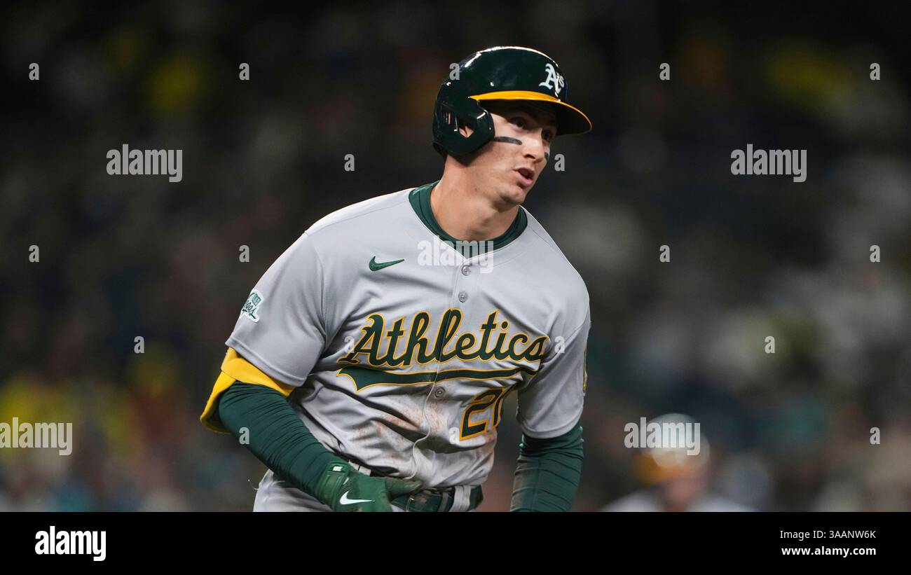 Athletics' Tyler Soderstrom runs the base path against the Seattle ...