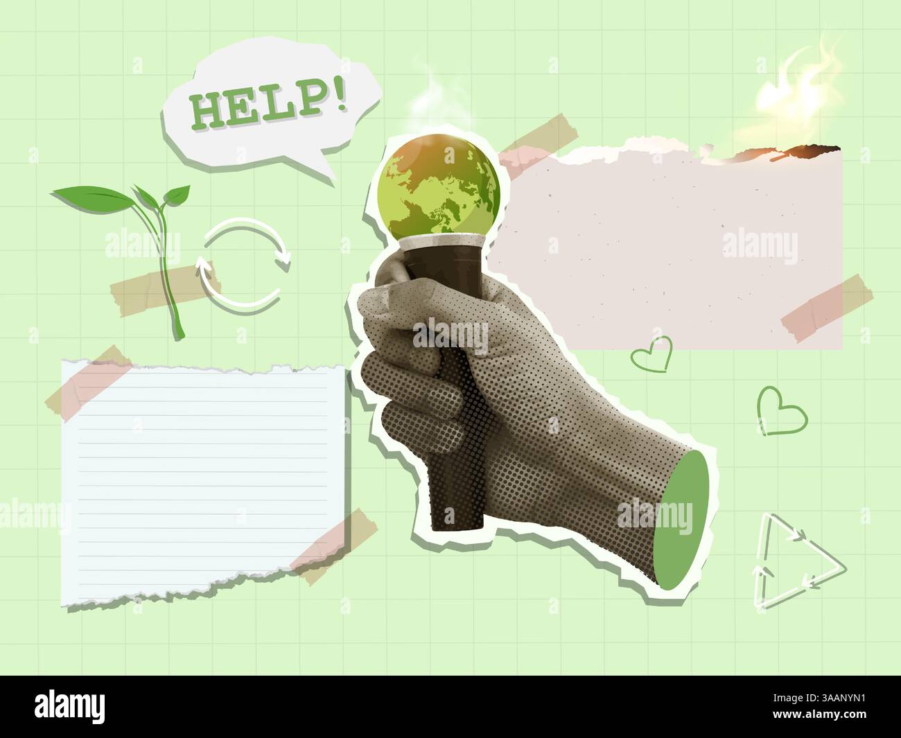 Awareness of environmental challenges with a green hand holding an ice ...