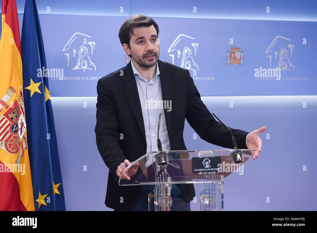 Podemos spokesman in Congress, Javier Sánchez Serna, during a press ...