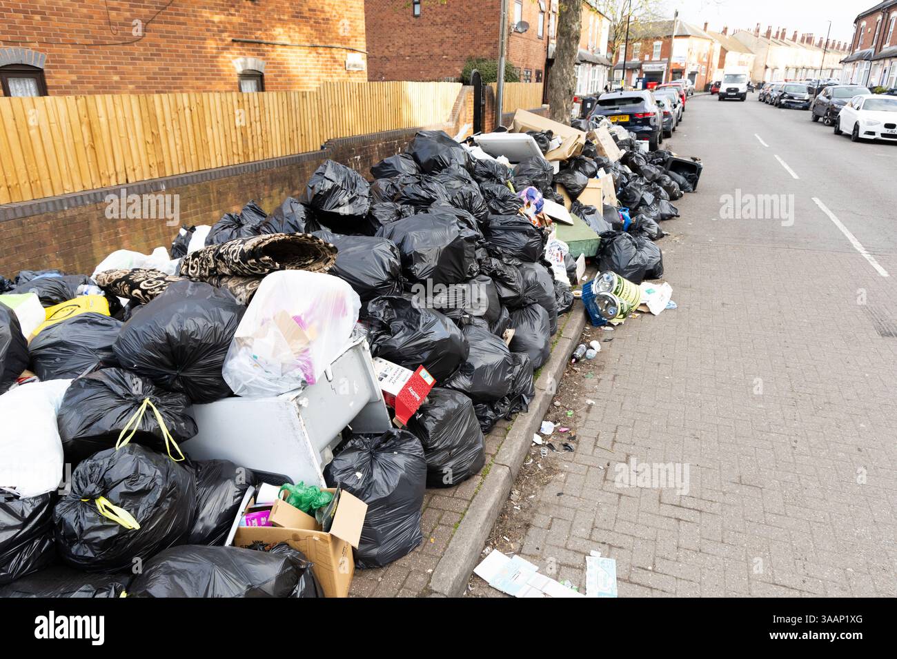 Birmingham Bin Strike. Pictured, a huge amount of uncollected rubbish ...