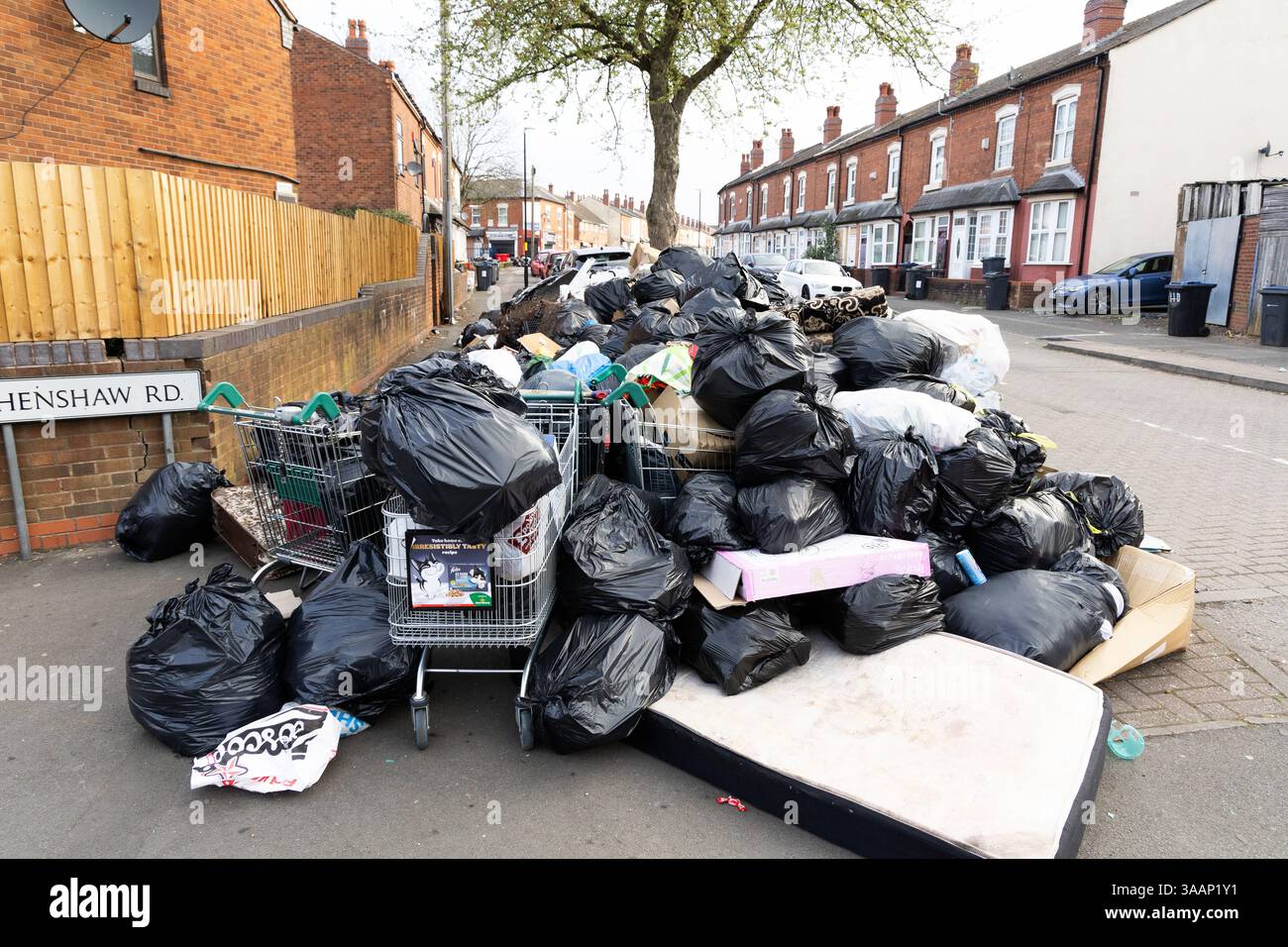 Birmingham Bin Strike. Pictured, a huge amount of uncollected rubbish ...