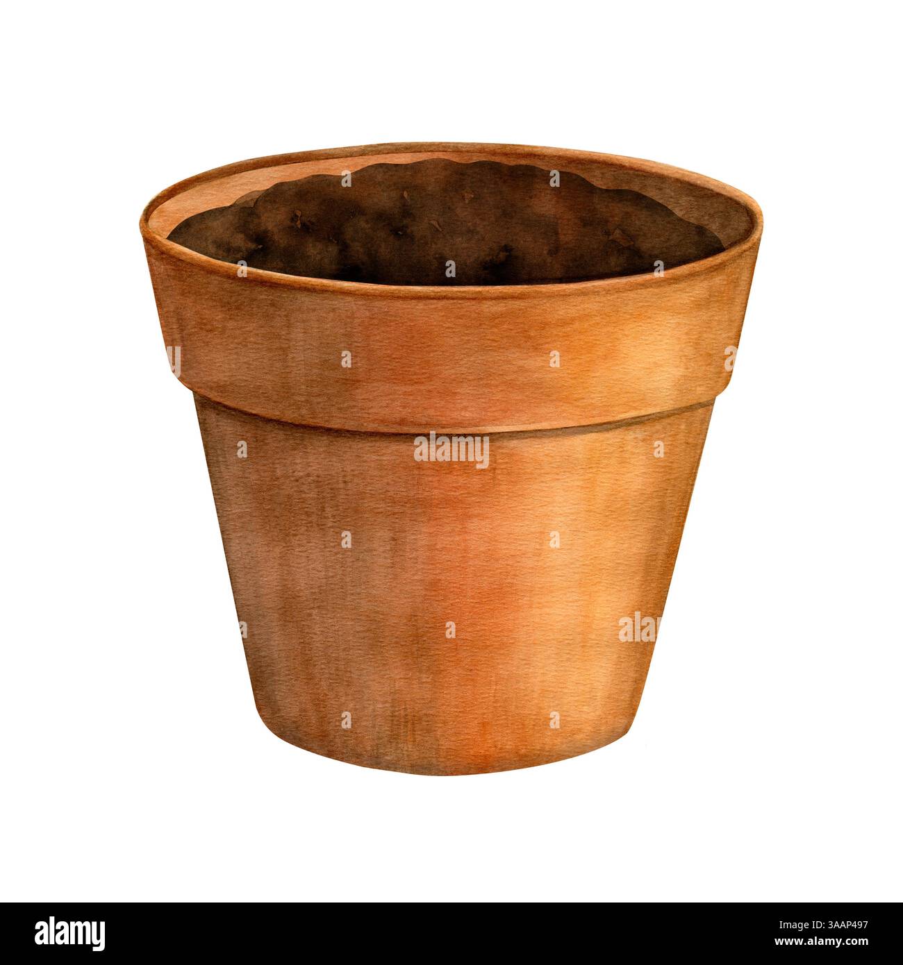 Watercolor of brown flower pot with soil isolated on a white background ...