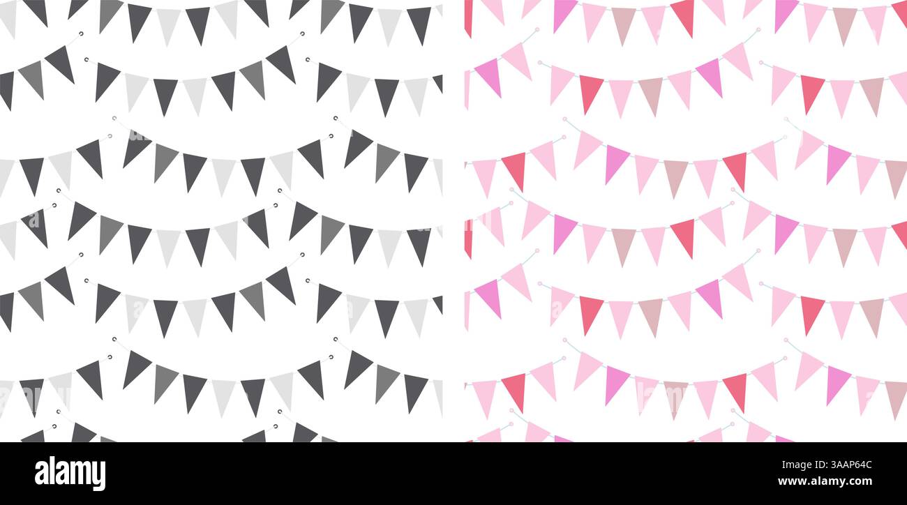 Pennant garland Seamless Patterns Set 2. Monochrome gray, pink, lilac ...
