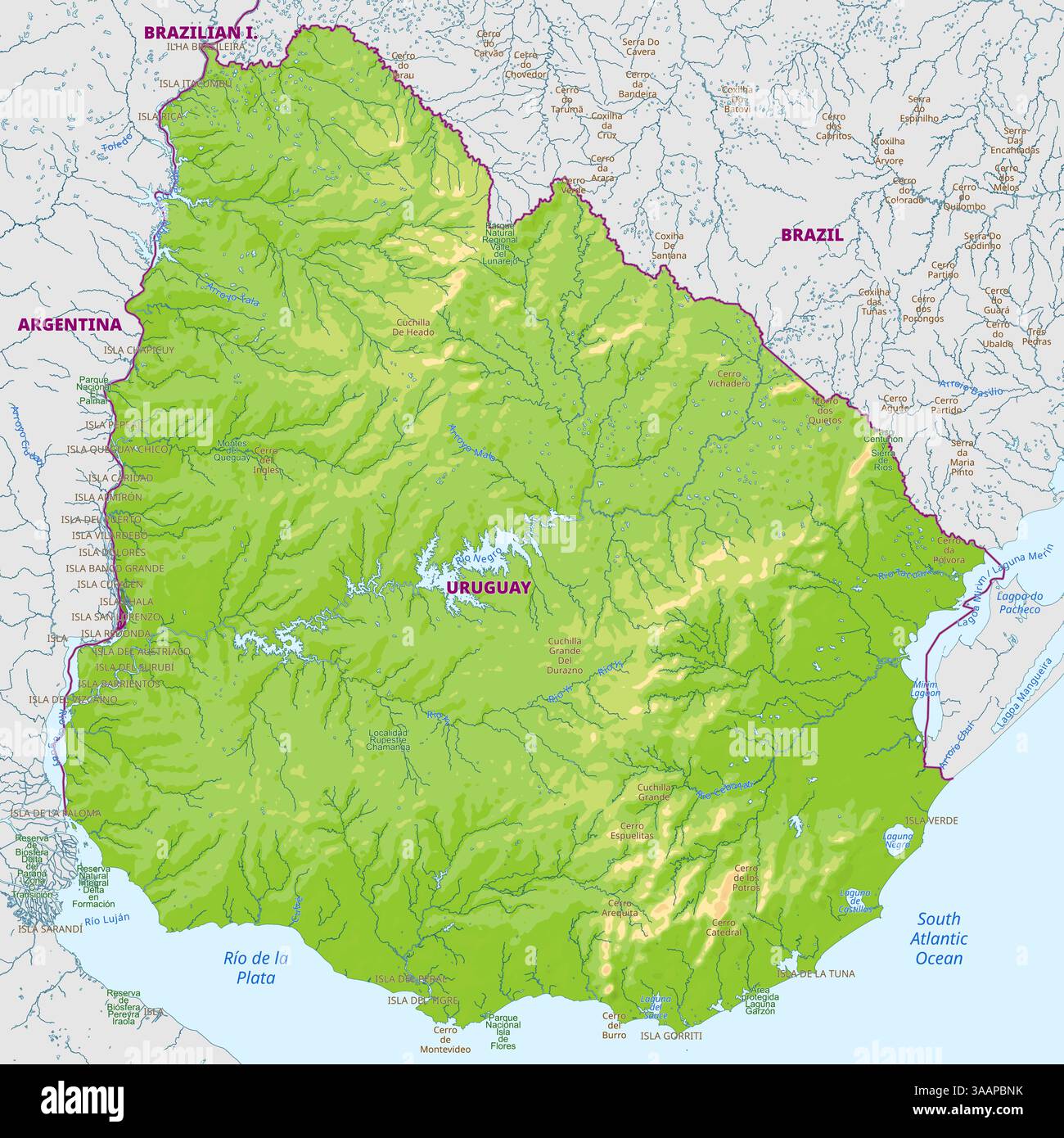 Detailed physical map of Uruguay Stock Vector Image & Art - Alamy