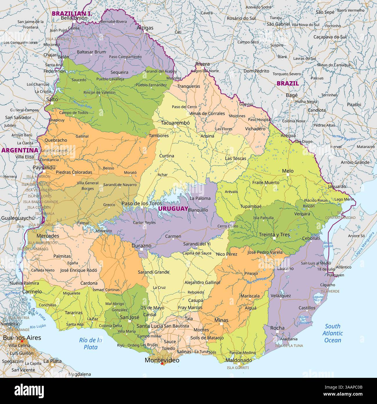 Detailed political map of Uruguay Stock Vector Image & Art - Alamy