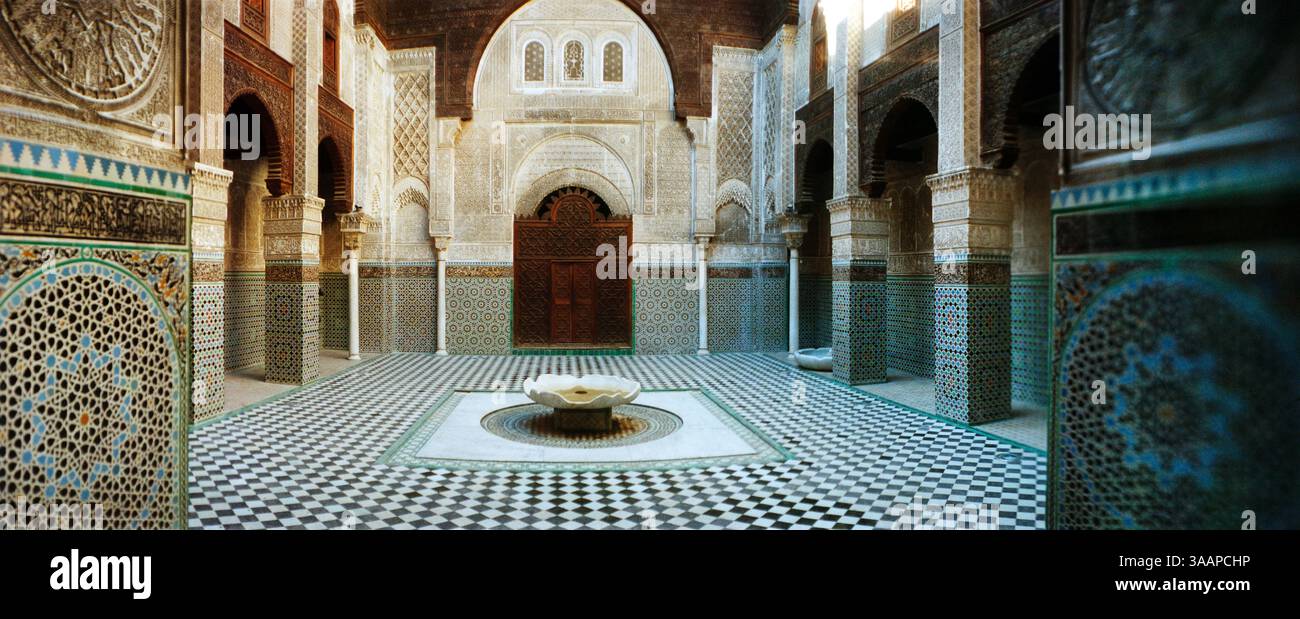 Panoramic view of the Interiors of a medersa, Medersa Bou Inania, Fez ...