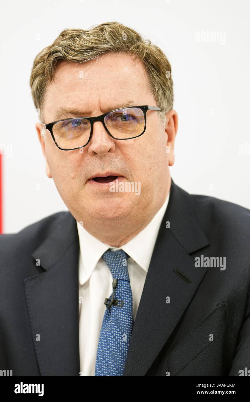 Shadow chancellor Mel Stride speaking at a press conference about ...