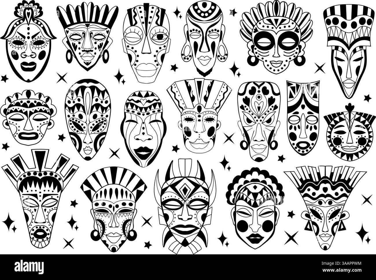 Silhouettes of totem African tribal masks. Set of ritual mythological ...