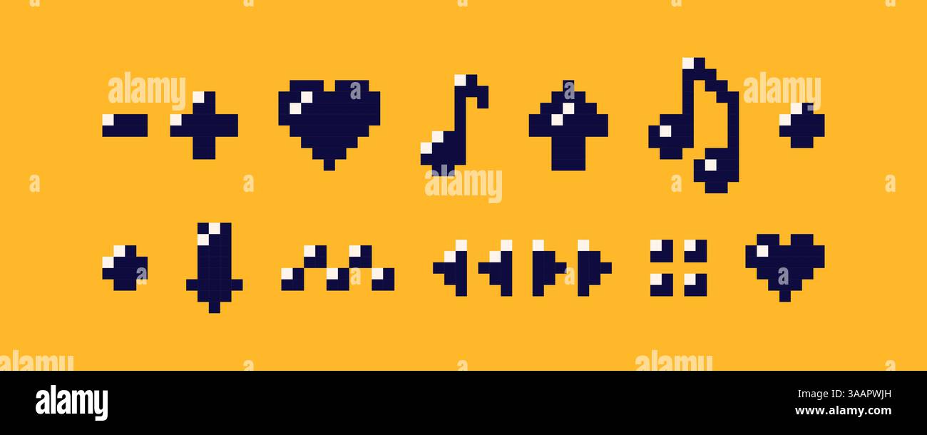 8 bit pixel art icons. Plus, minus, square, heart tiny elements on ...
