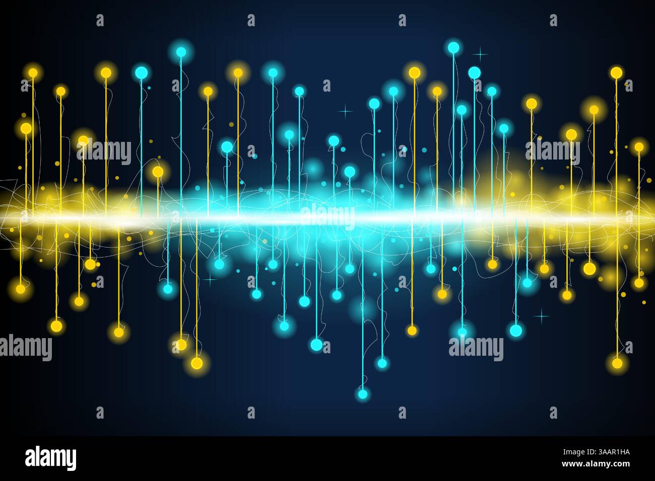Bright glowing lines and dots in yellow and turquoise are creating a ...