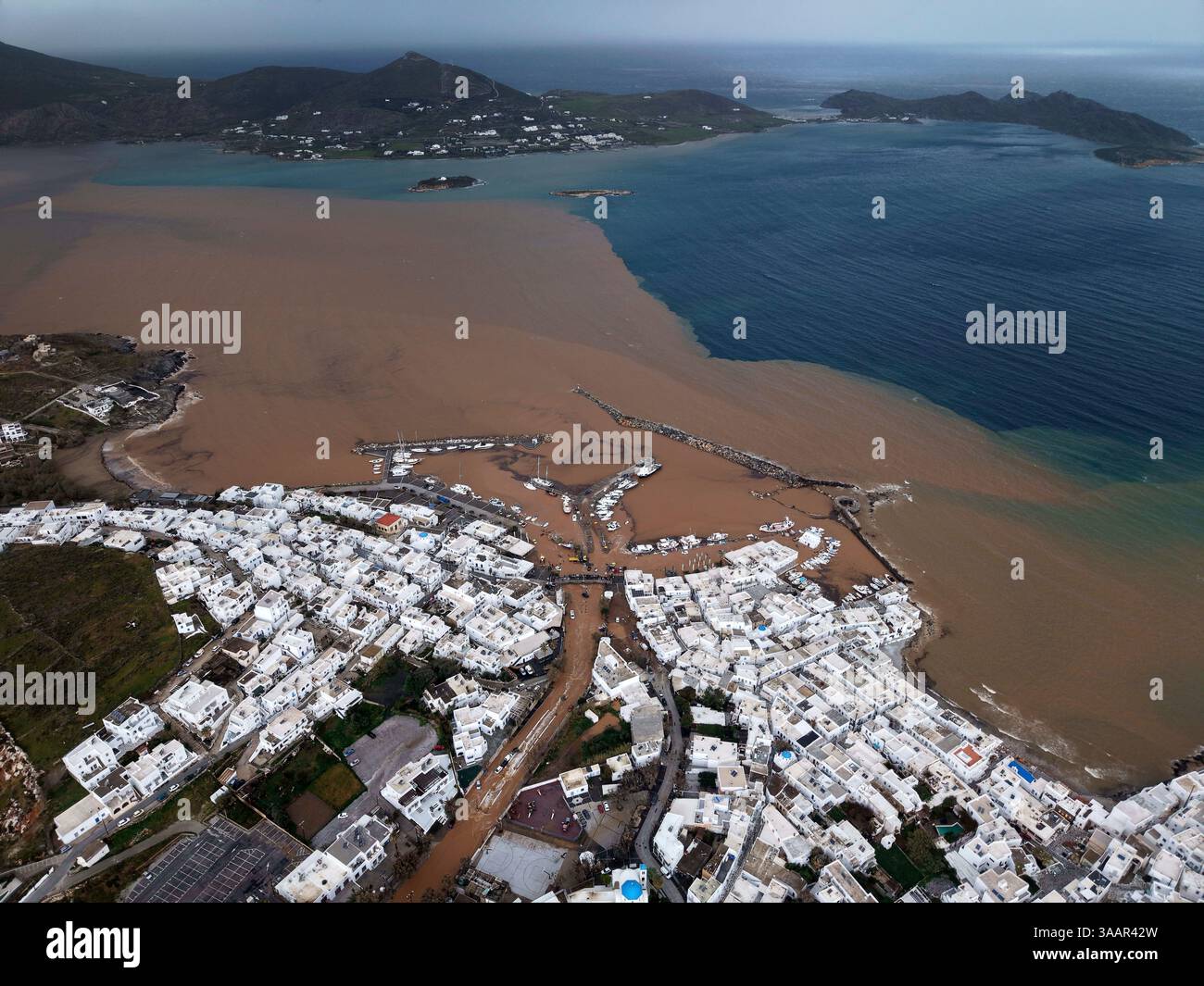 An aerial photograph shows the port of Naousa, after a powerful storm ...