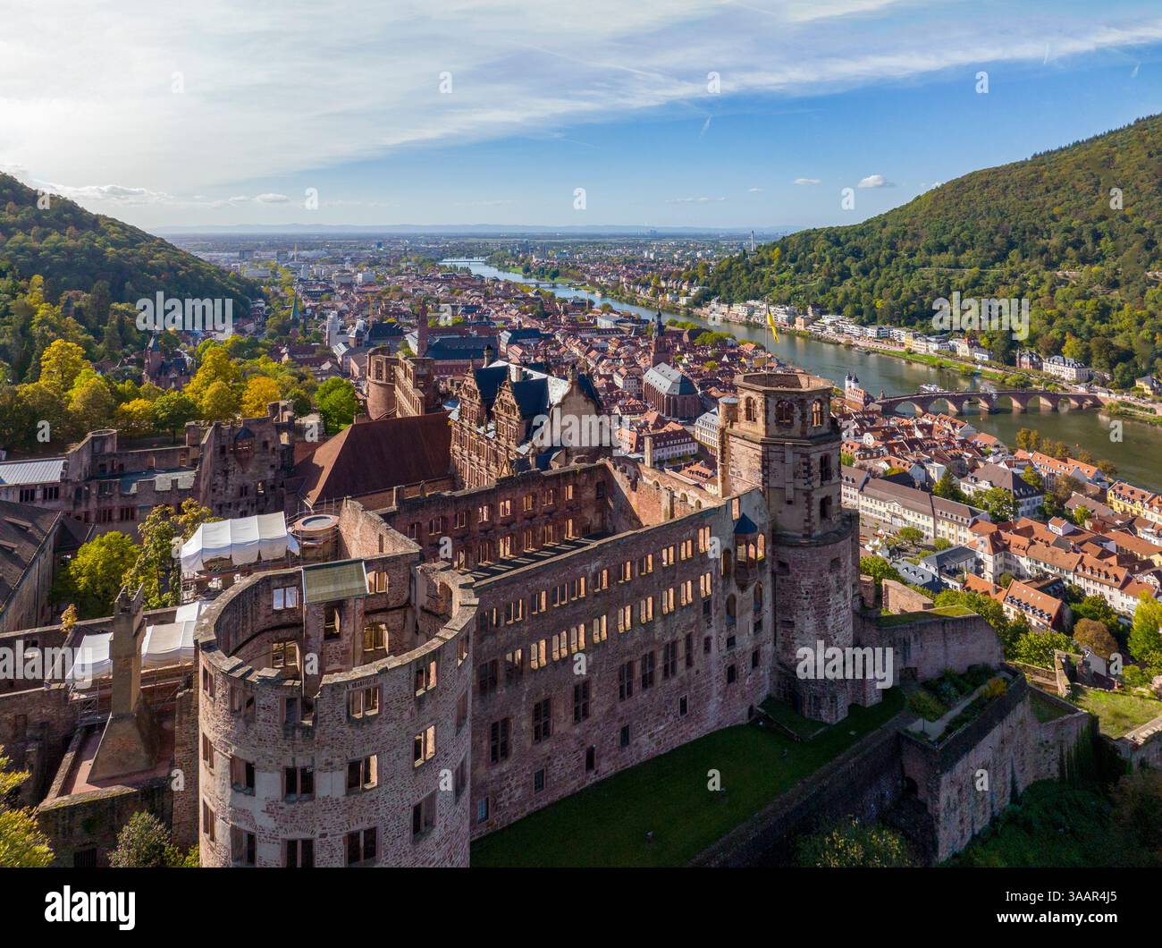 Aerial of Heidelberg Castle, Germany. Heidelberg town with the famous ...