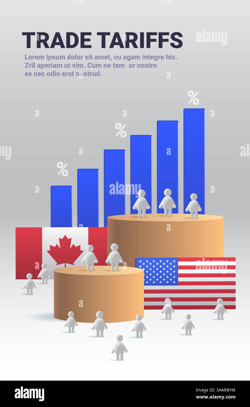 Trade tariffs concept with flag icons and figures on podiums blue bar ...