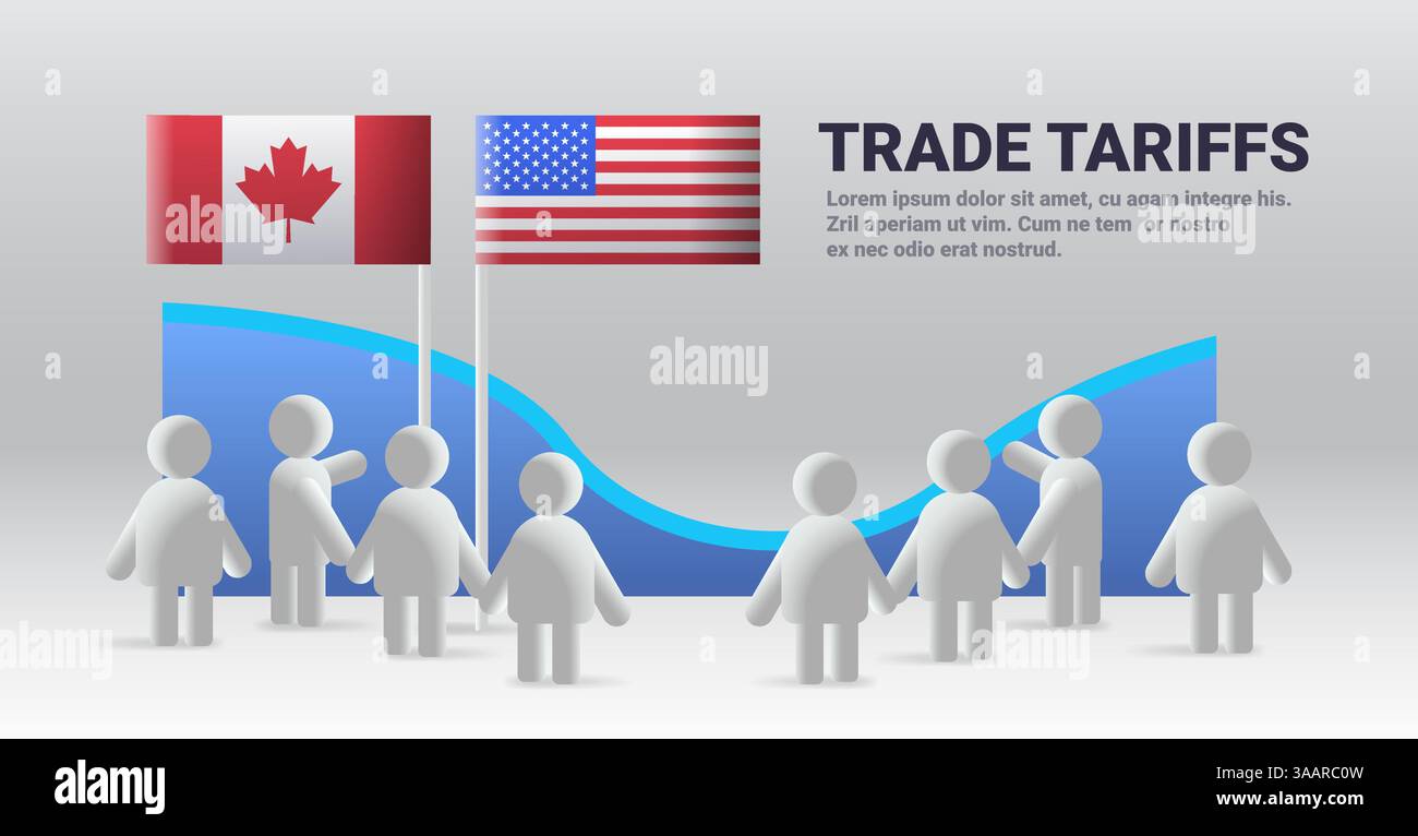 Trade tariffs concept with flags and figures. People gather under ...