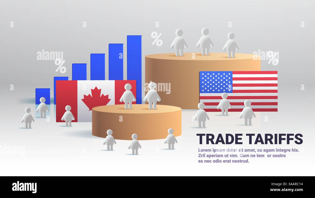 Trade tariffs concept with flags and figures depicting economic ...