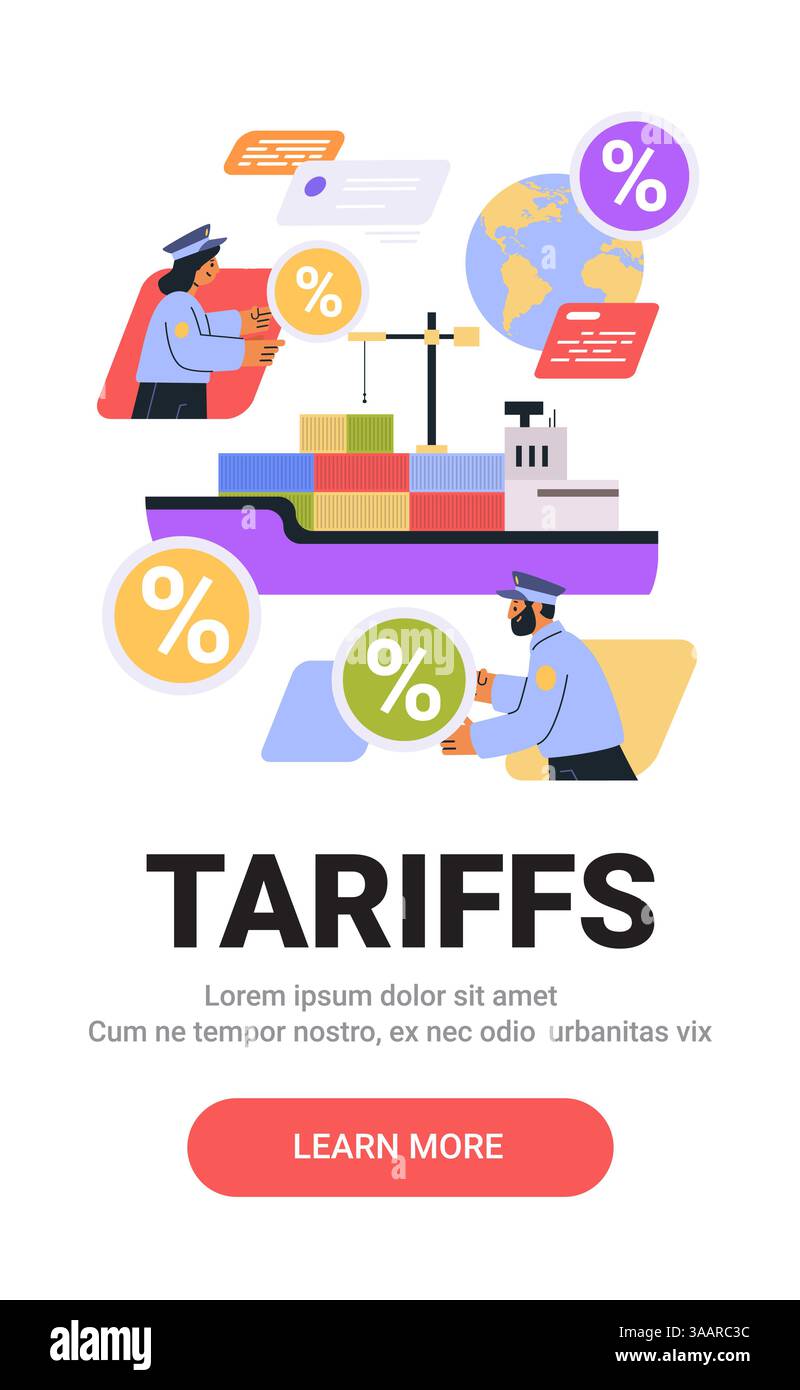 Tariffs trade concept cargo ship globe. Two officers handle containers ...