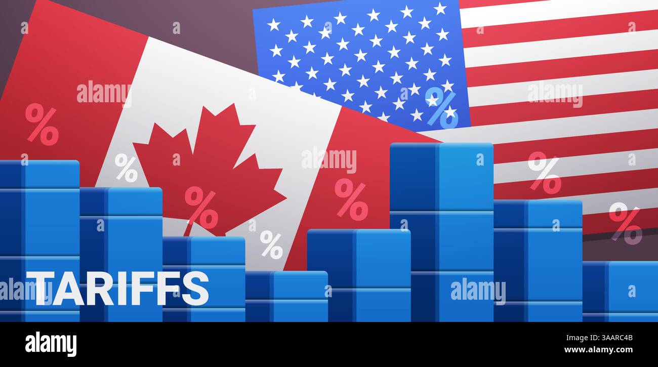 Tariffs trade war Canada USA flags economic impact bar graph percent ...