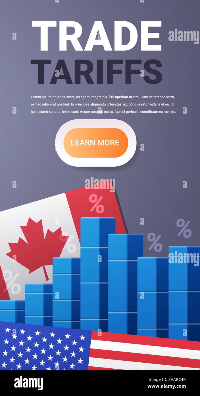 Trade tariffs concept with Canadian and American flags bar charts ...