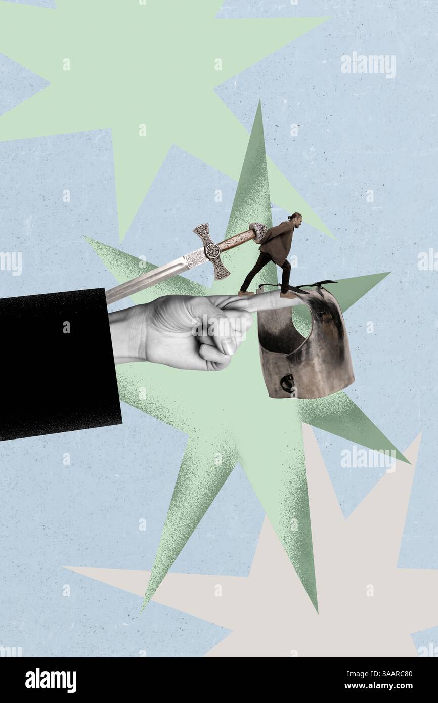 Exclusive image vertical photo collage of man carry steel sword army ...