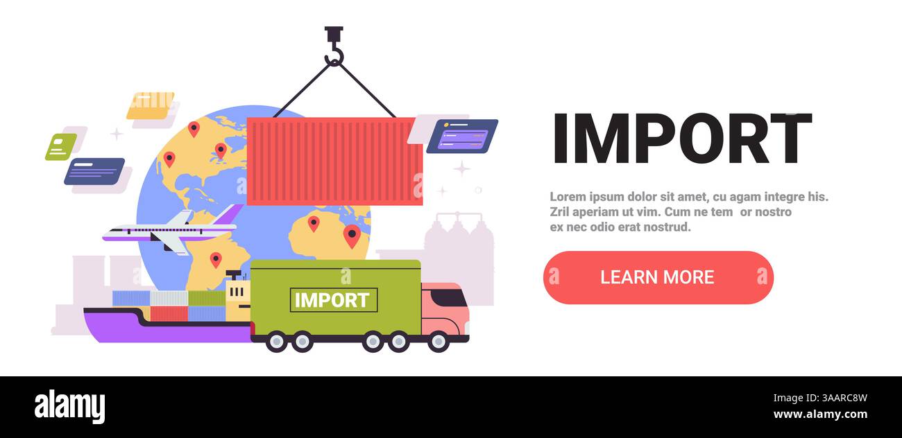Import trade concept with shipping elements. Illustration shows cargo ...