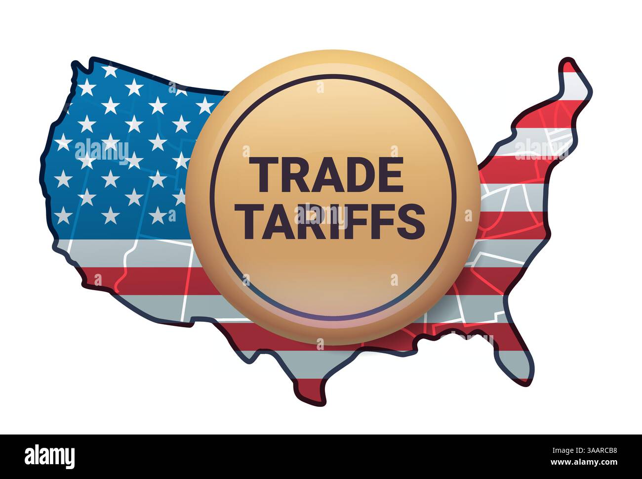 USA trade tariffs concept map with flag background and large coin ...