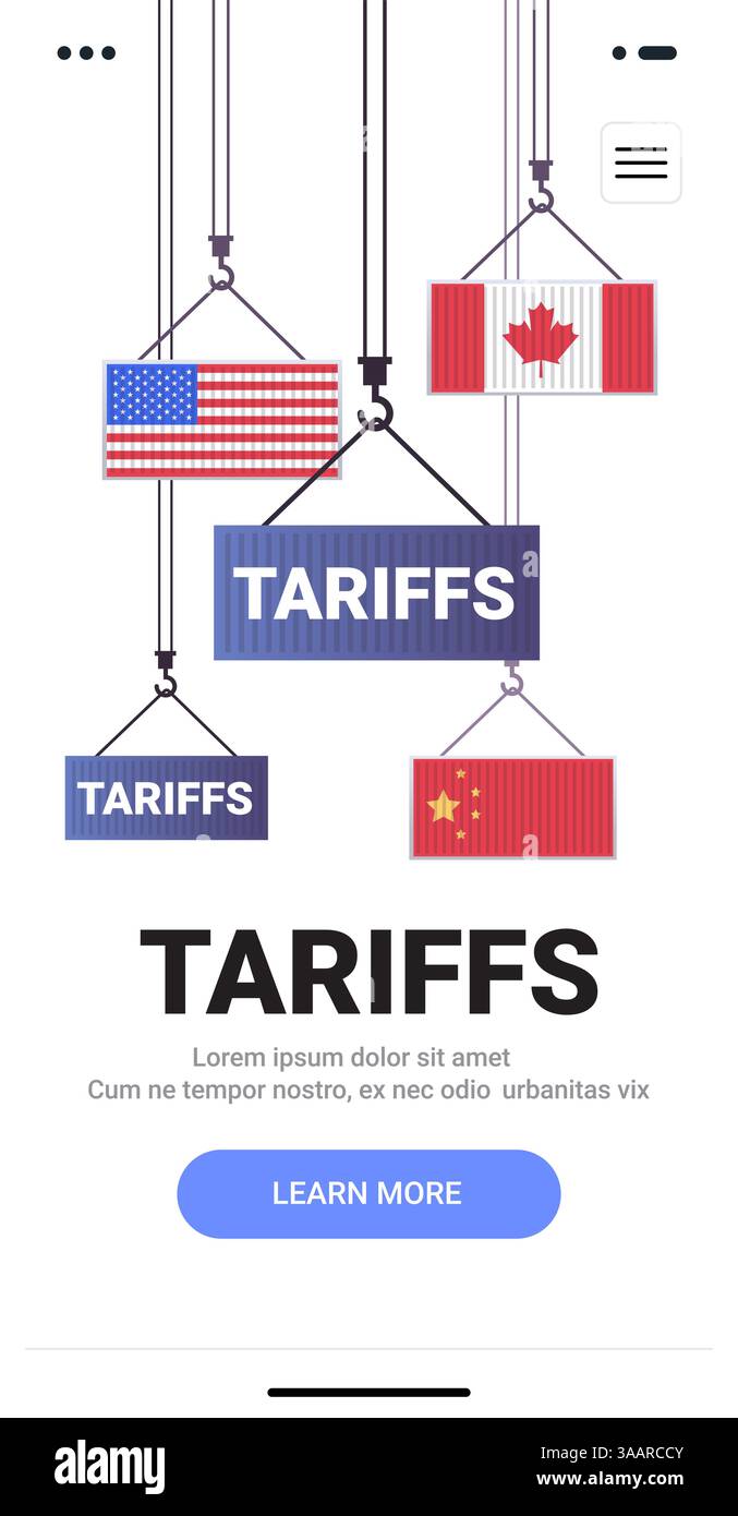 Trade war illustration with shipping containers representing tariffs ...