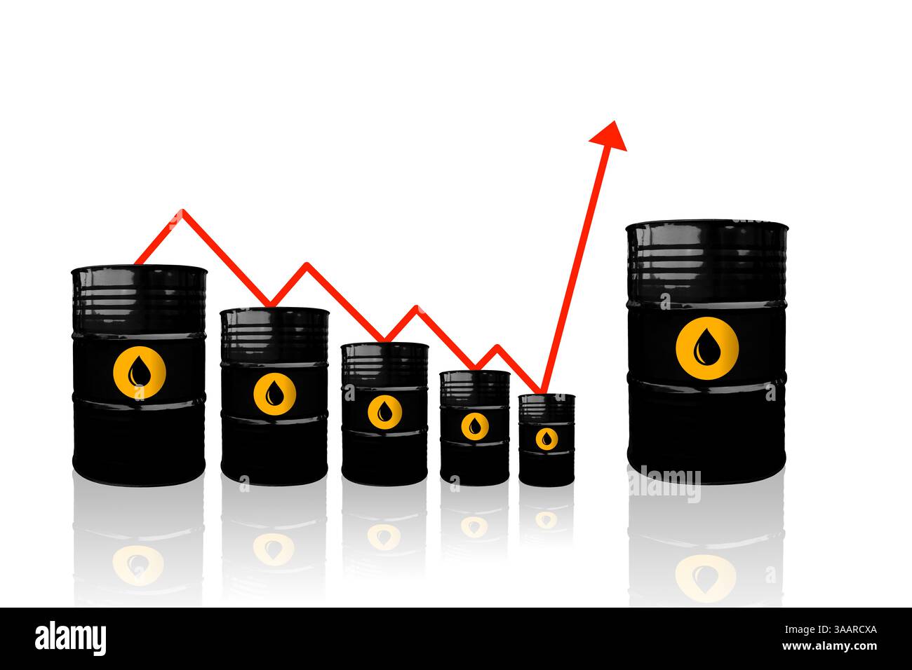 Crude oil prices go up. Crude oil barrels on a white background with ...