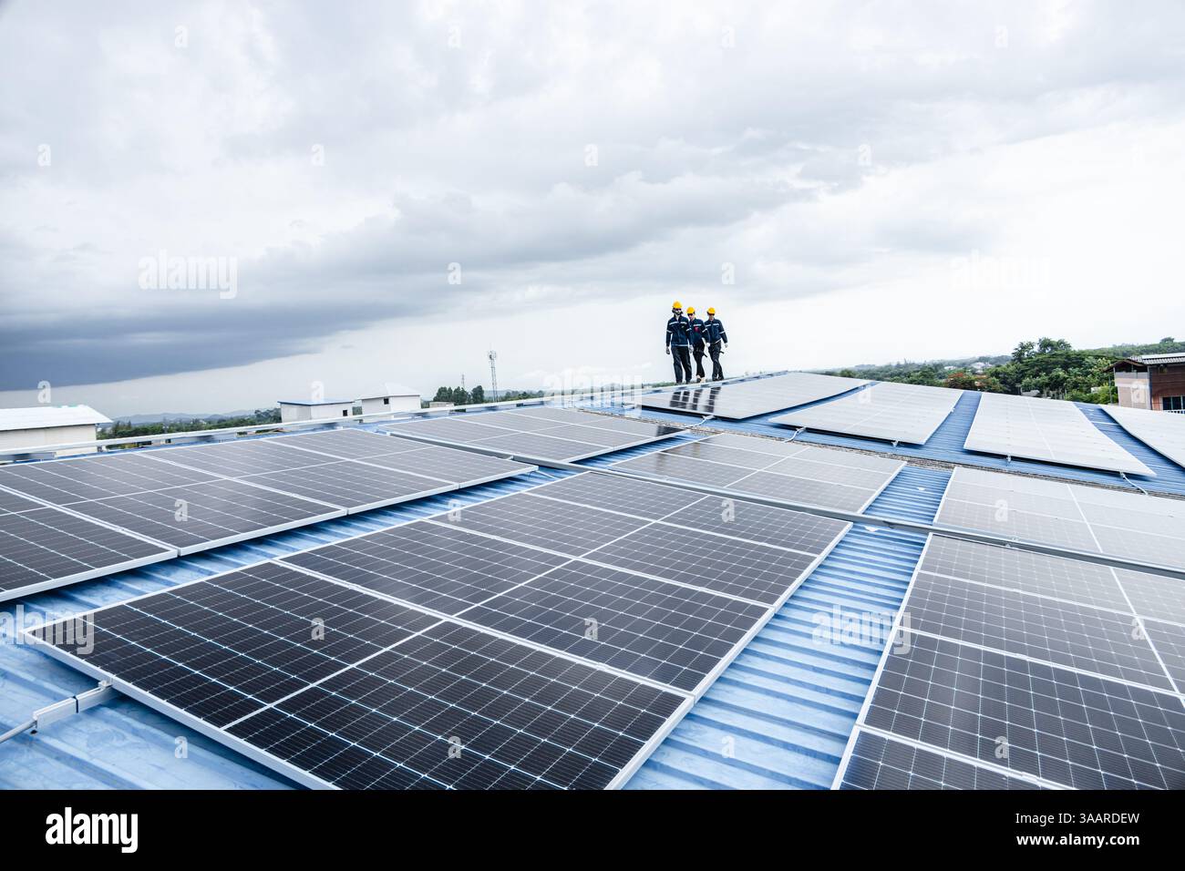 Engineer Setup Factory Solar System. Workers team install, maintenance ...
