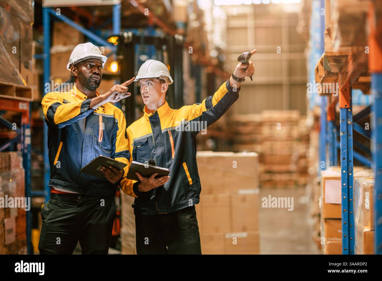 Warehouse workers working together, Staff inventory employee team in ...