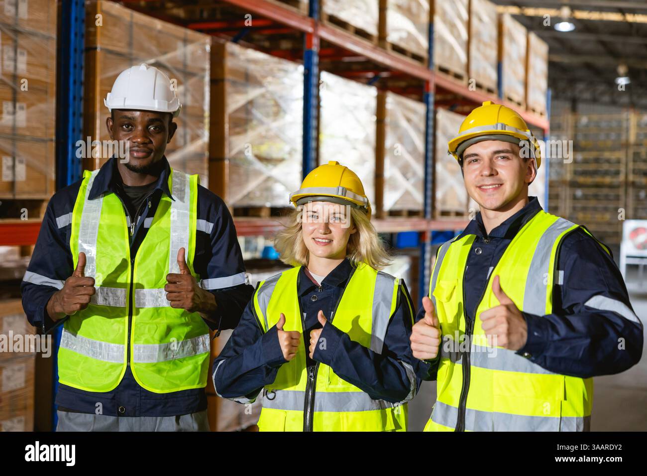 group professional warehouse happy workers thumbs up. teamwork stock inventory staff employee ...