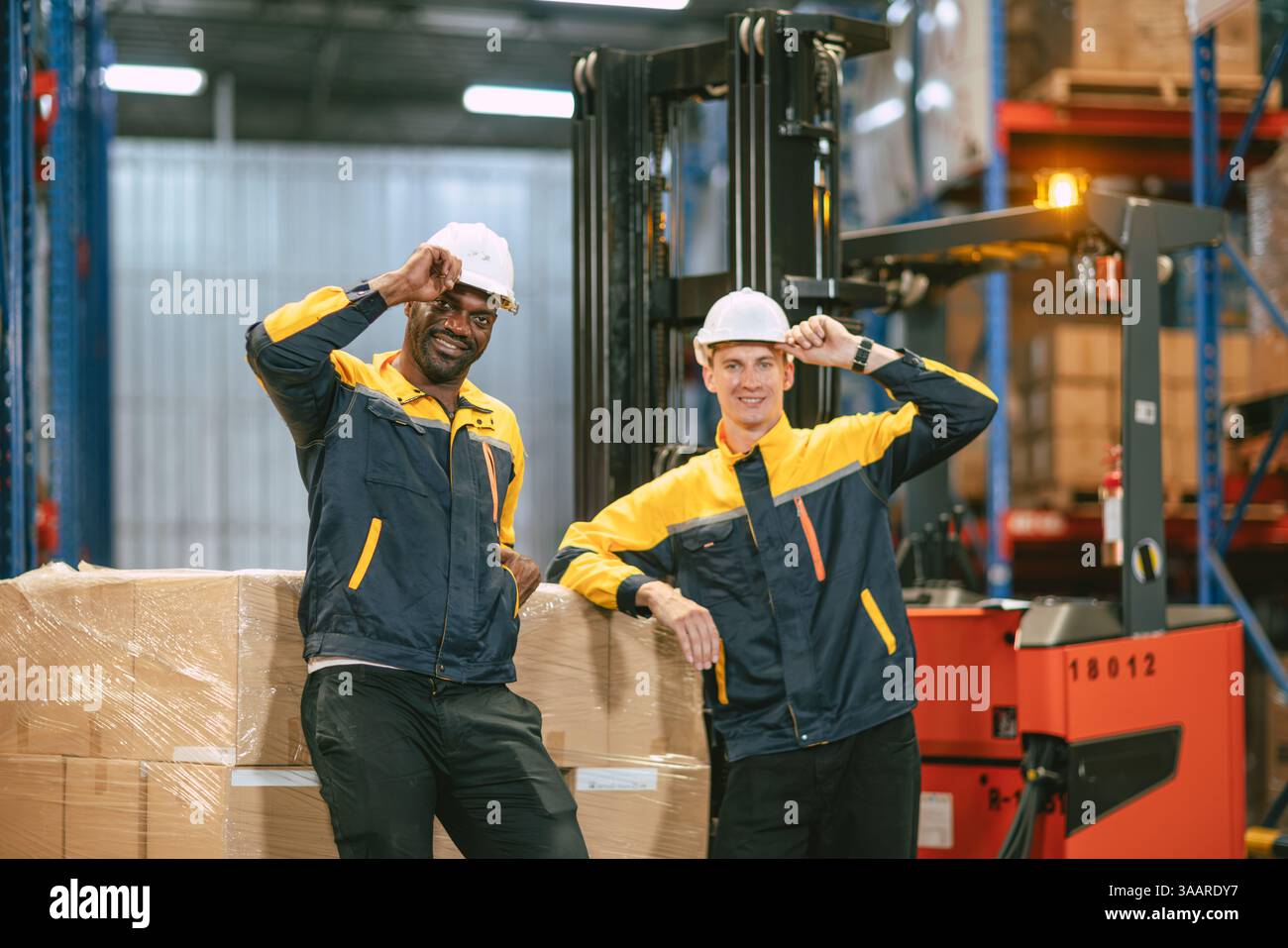 Portrait happy male worker colleague work in warehouse cargo employee ...